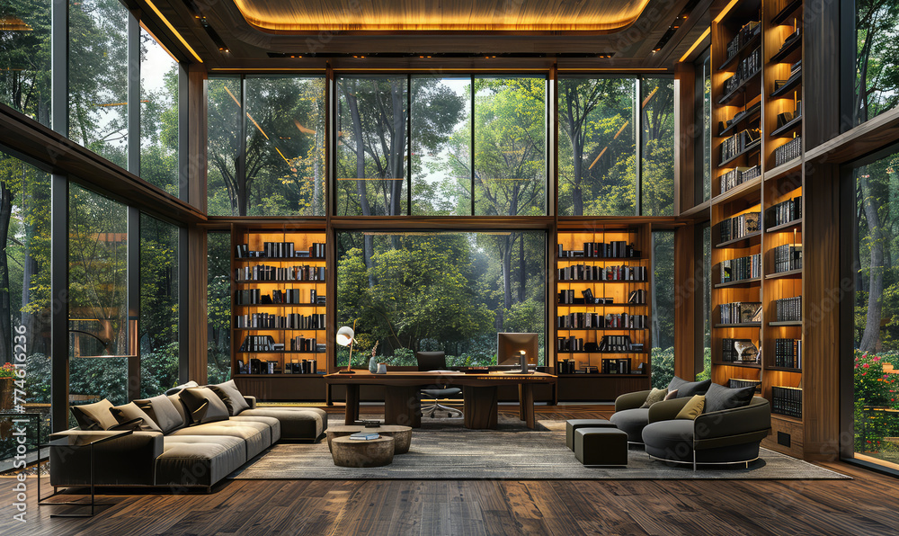 A large modern study room with glass walls overlooking the rainforest ...