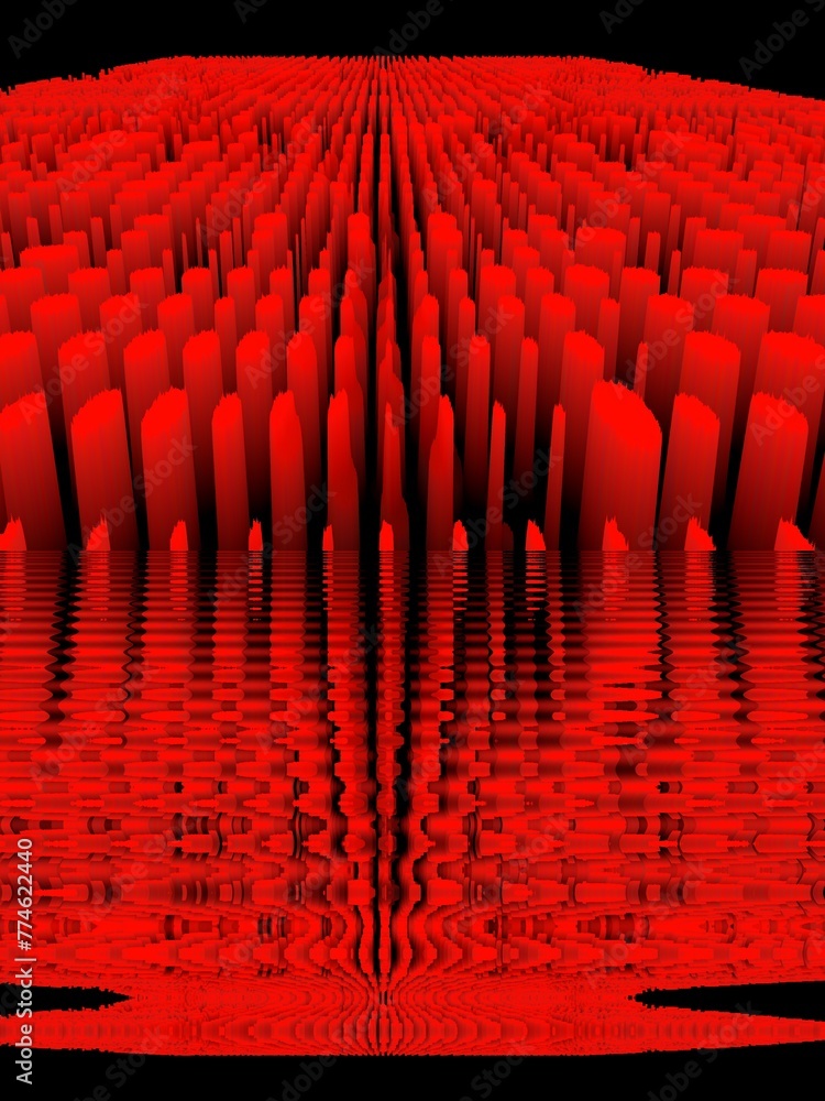 many similar red spikes in an arrangement with perspective with ripple ...