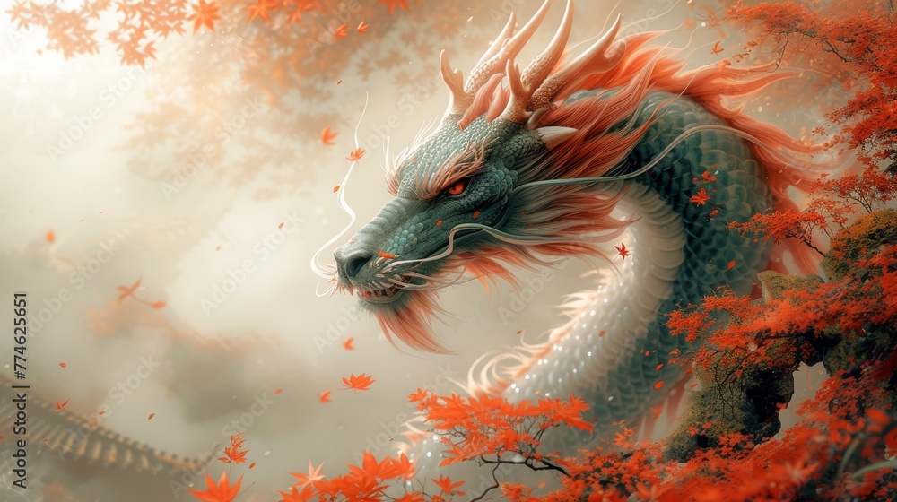 A dragon atop a tree, before a structure with scarlet leaf-adorned ...