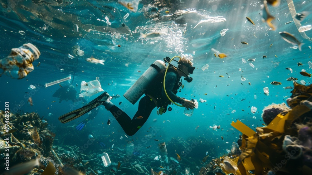 Divers collect trash around coral and fish life under the sea world ...