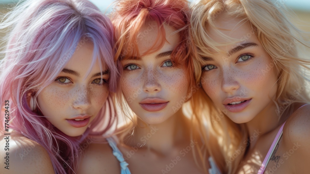 Three young women, each with pastel-hued tresses, pose for a photograph ...