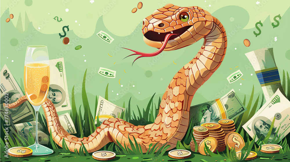 .The lucky snake is the symbol of the year with a glass of champagne ...