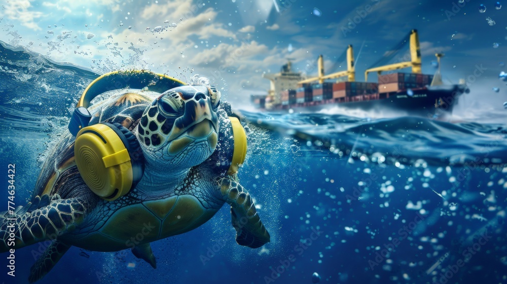Turtle wearing yellow safety headphones underwater On the water is a ...