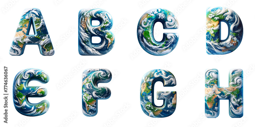 Artistic Representation of Planet Earth: Alphabet letters A, B, C, D, E ...