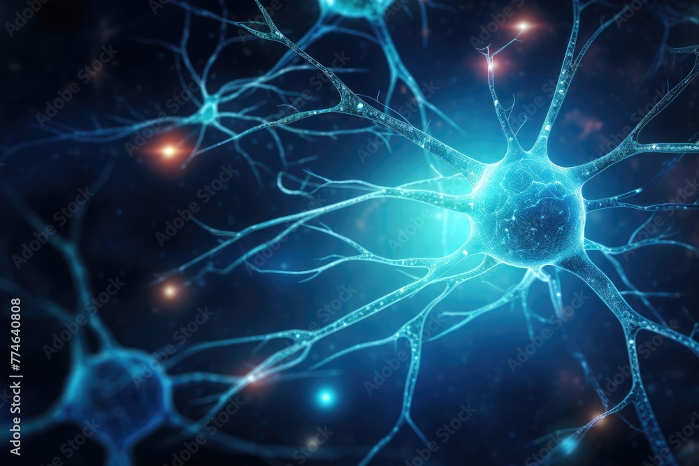 Lighting neuron cell, 3d rendering of neuron cell with neurons and ...
