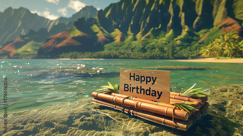 A "Happy Birthday" sign floating on a raft made of bamboo and fronds ...