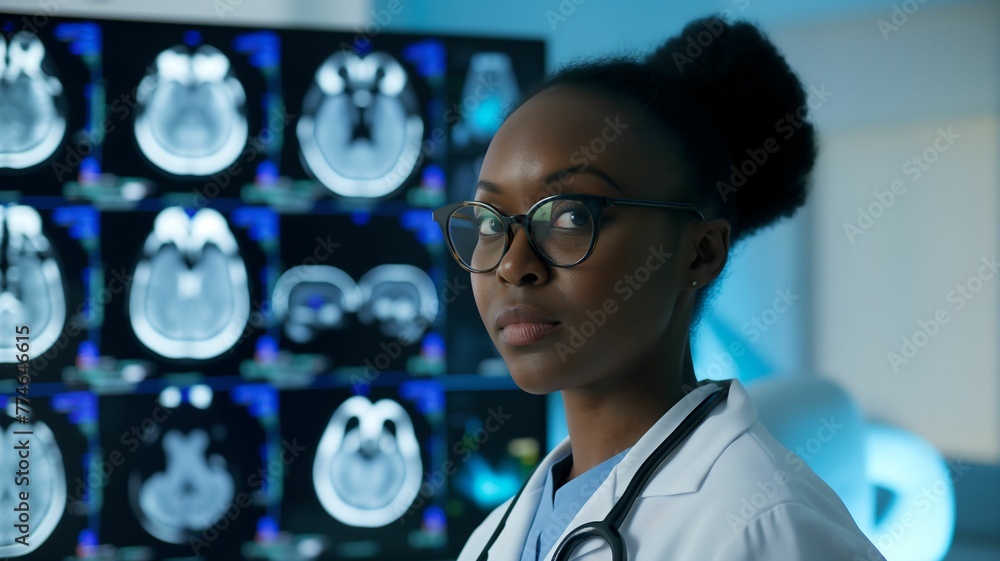 Black female neurologist analyzing MRI scans Stock Photo | Adobe Stock