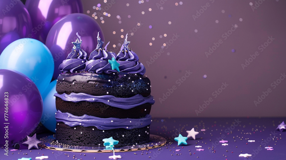 A purple birthday cake with dark purple and blue icing sprinkled on ...