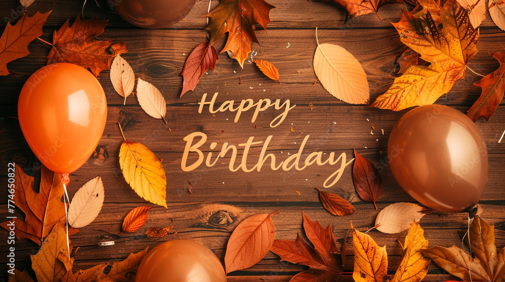 A cozy autumn happy birthday background with lettering in warm orange ...