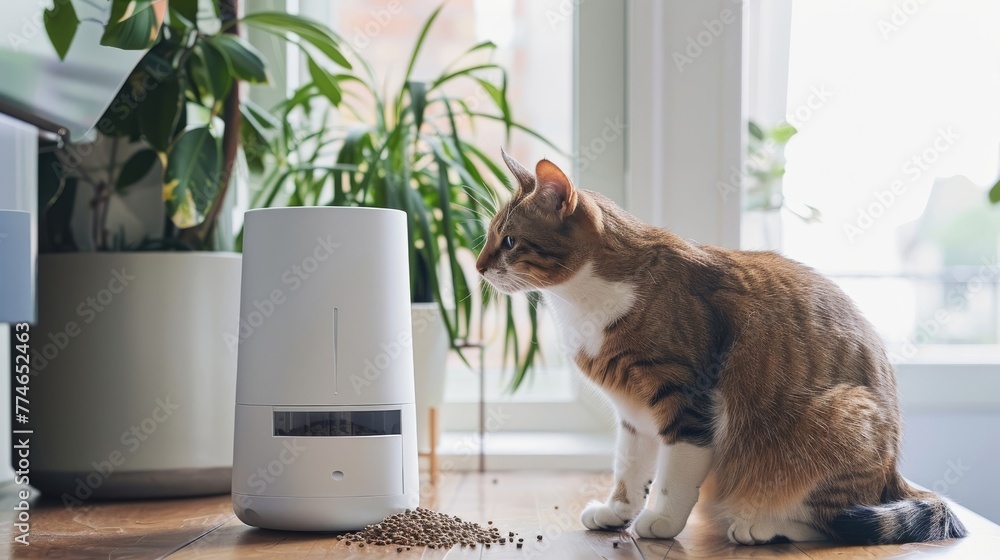 Curious cat beside an automated pet feeding station in a modern home ...