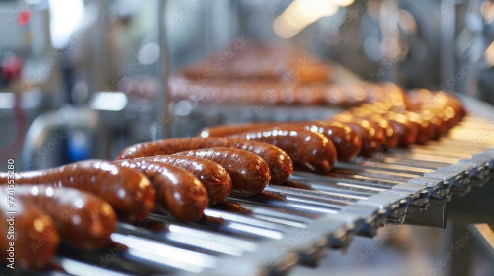 Automated sausage production factory. Conveyor at a meat factory. Stock ...