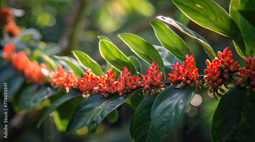 maile vine with red flowers on blurred forest background, a sacred ...