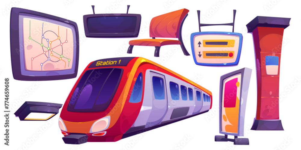 Subway train and platform equipment set. Cartoon vector illustration ...