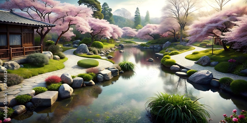 Tranquil Japanese Garden With Cherry Blossoms & Koi Ponds in Spring ...