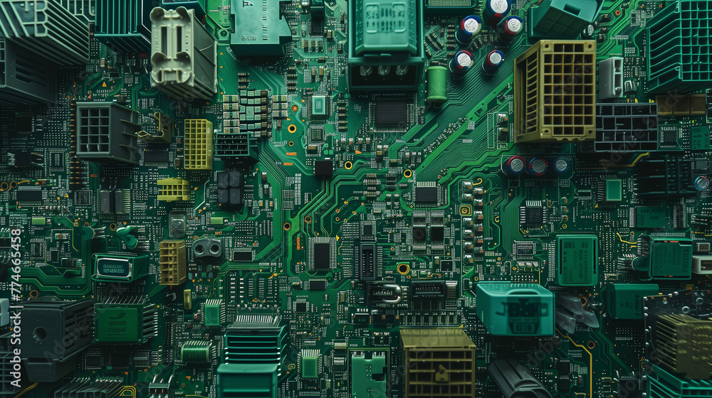 Dense Electronic Circuit Board with Complex Design . A dense green ...