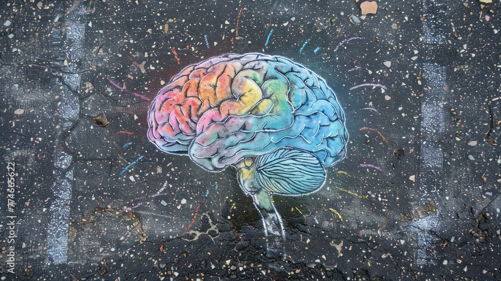 Chalk drawing of human structure showing brain activity on asphalt ...