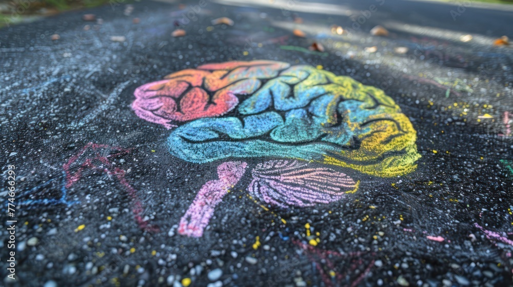 Chalk drawing of human structure showing brain activity on asphalt ...
