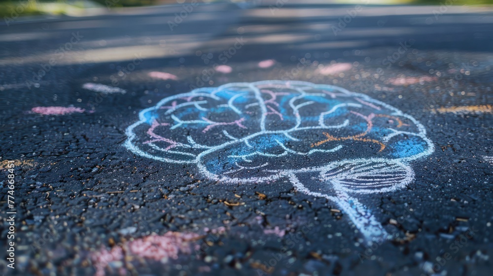 Chalk drawing of human structure showing brain activity on asphalt ...