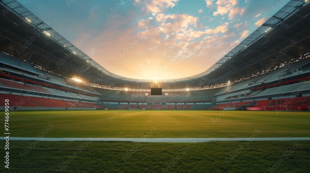 Sunrise casting a golden glow over an empty football stadium with ...