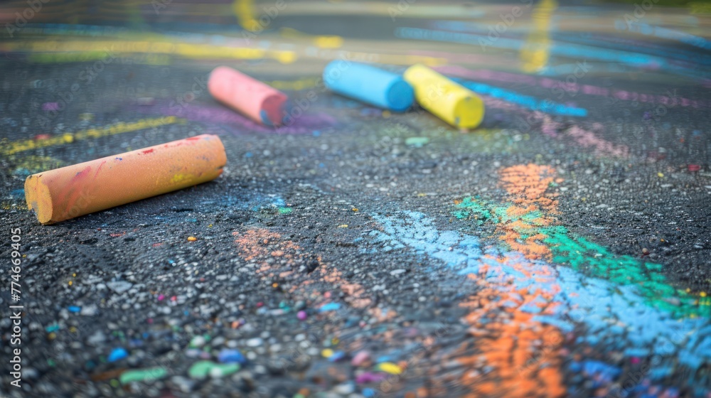 Chalk drawing of human structure showing brain activity on asphalt ...