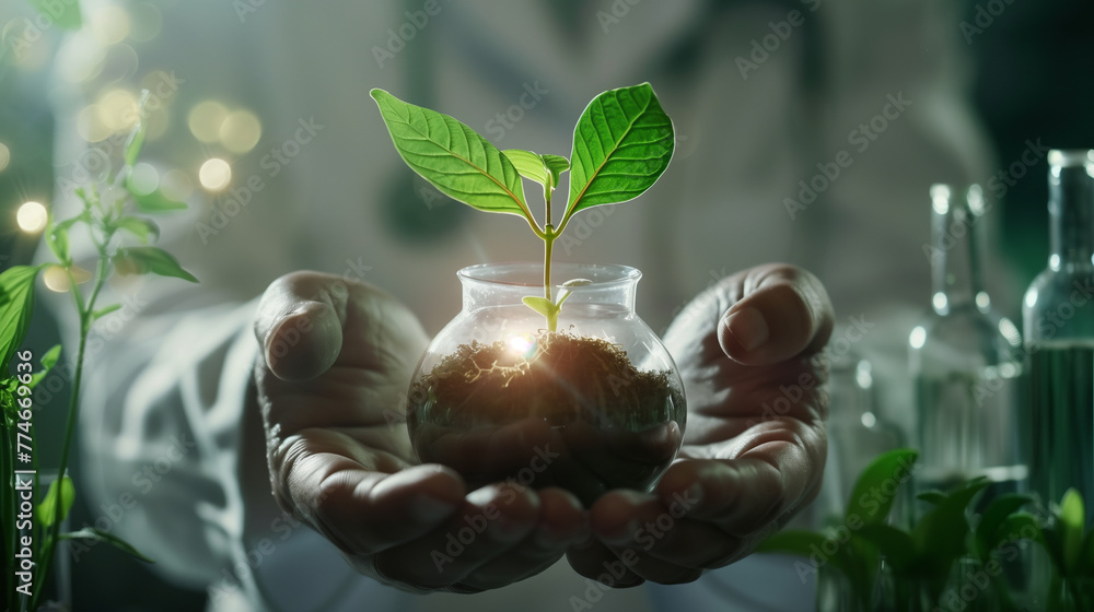 Scientist Holding New Plant Growth in Laboratory . A scientist nurtures ...