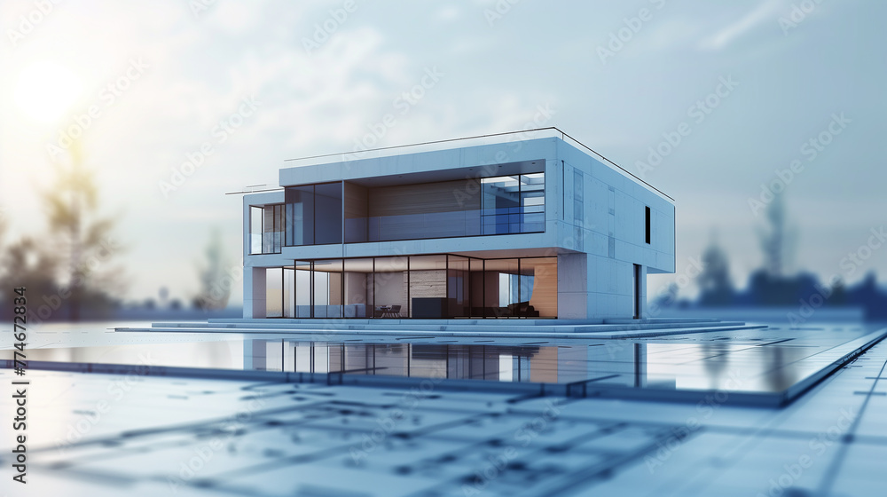 Contemporary Home Model on Architectural Blueprints . A sophisticated ...