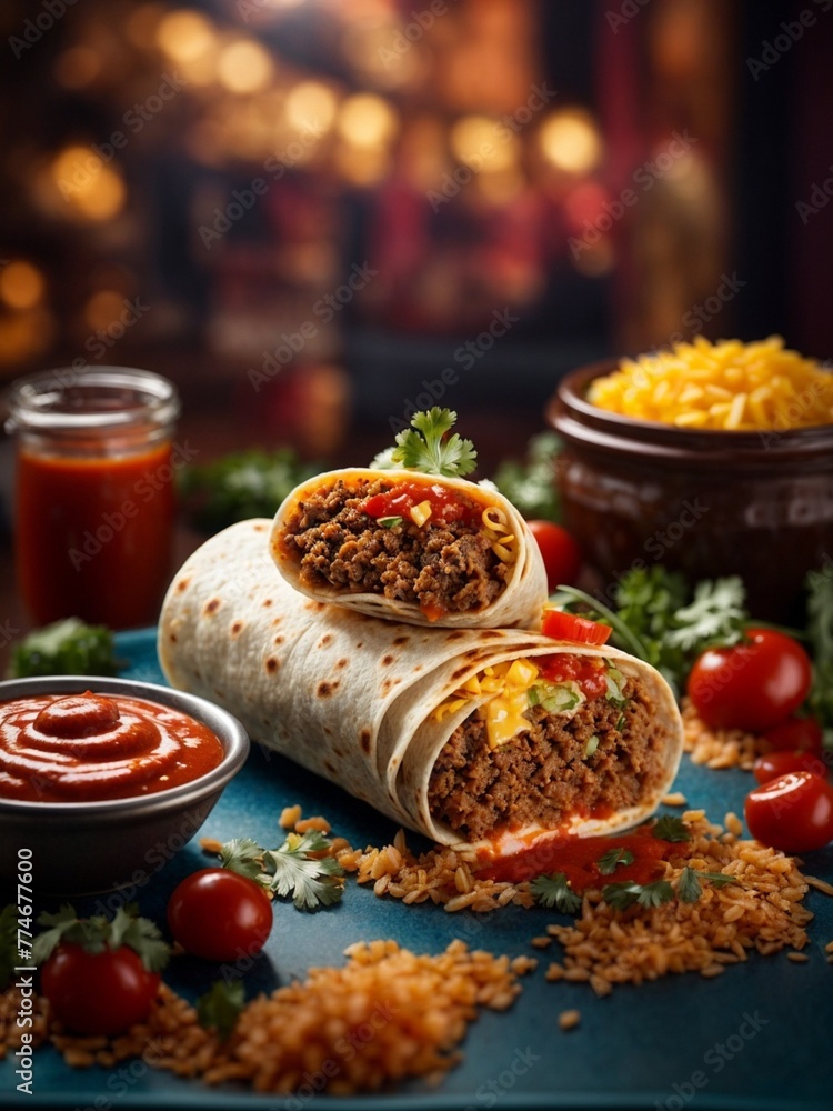 Authentic Mexican burritos, with flour tortillas, meat fish, potato ...