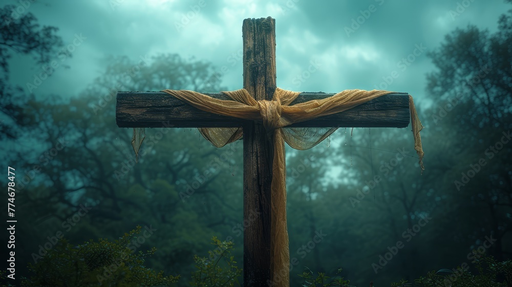 In the heart of the forest, a cross is marked Its yellow-draped fabric ...