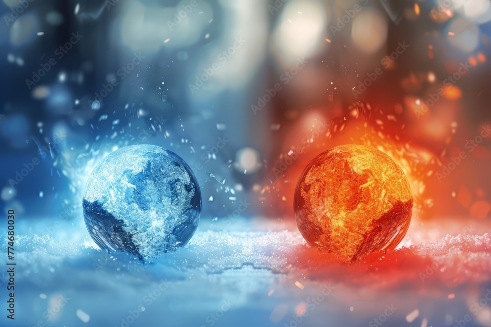Two spheres, one glowing and one frozen,The glowing sphere is a bright ...