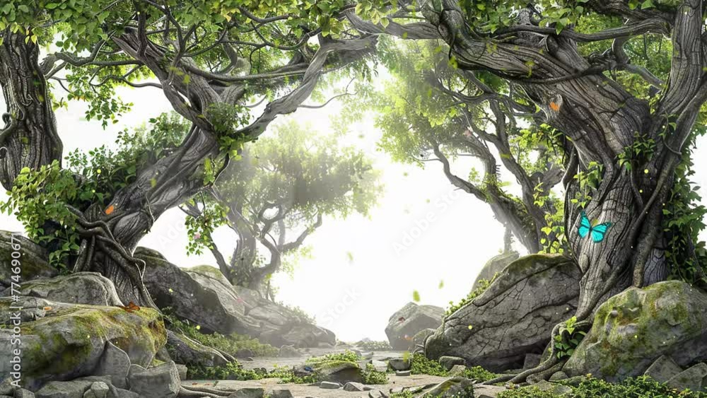 a highly detailed render of an enchanted forest seamless looping ...