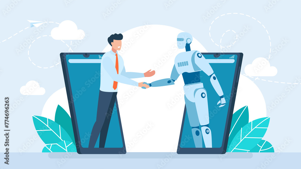 Handshake of man and robot in mobile. Ai robot and businessman shaking ...