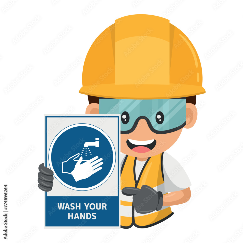 Industrial construction worker with mandatory sign wash your hands ...