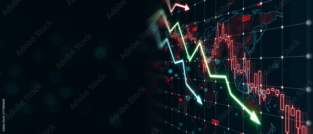Digital stock market graph with downtrend arrows depicting a financial ...