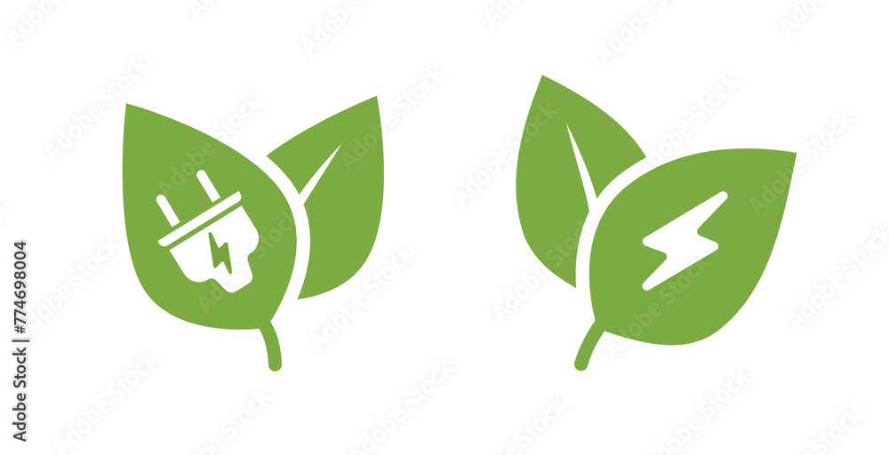 Green energy plug icon logo, electric bio eco renewable power leaves ...