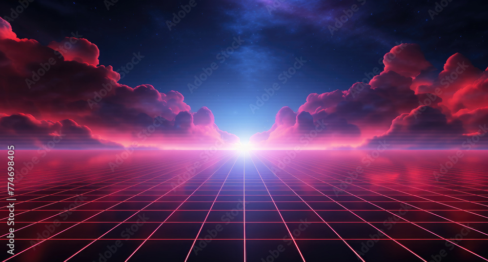 Synthwave background. Dark Retro Futuristic backdrop with blue red perspective grid and sky full ...