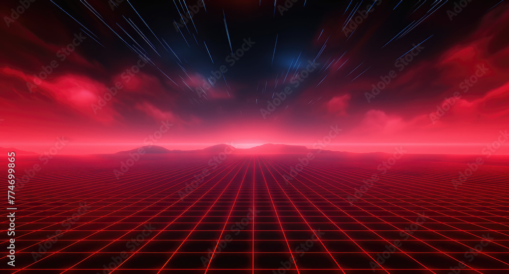 Synthwave background. Dark Retro Futuristic backdrop with blue perspective grid and sky full of ...