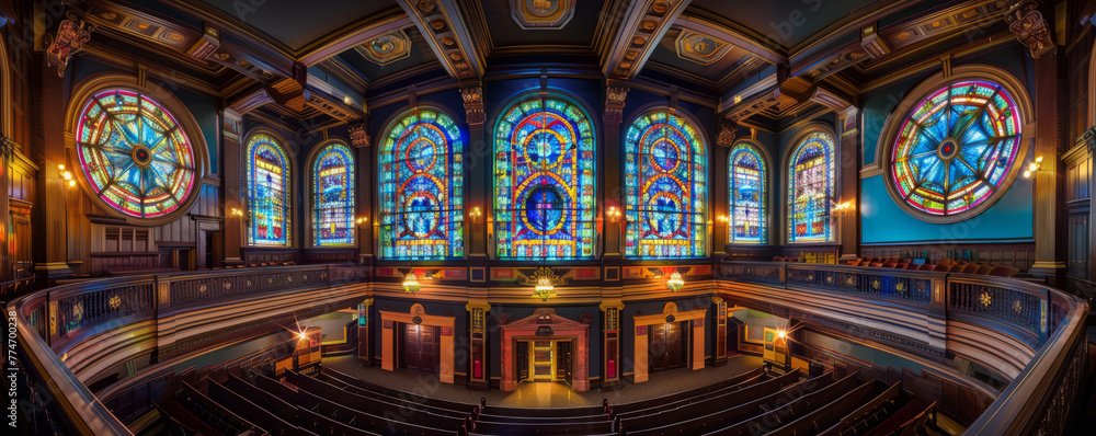 A grand Masonic lodge interior, embellished with symbolic stained glass ...