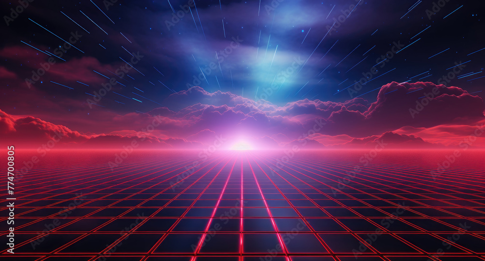Synthwave background. Dark Retro Futuristic backdrop with blue perspective grid and sky full of ...