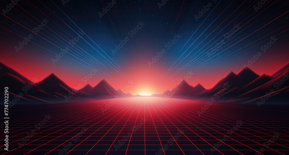 Synthwave background. Dark Retro Futuristic backdrop with blue perspective grid and sky full of ...