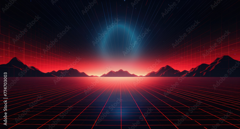 Synthwave background. Dark Retro Futuristic backdrop with blue perspective grid and sky full of ...
