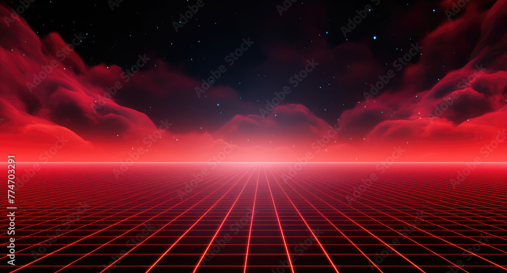 Synthwave background. Dark Retro Futuristic backdrop with blue perspective grid and sky full of ...