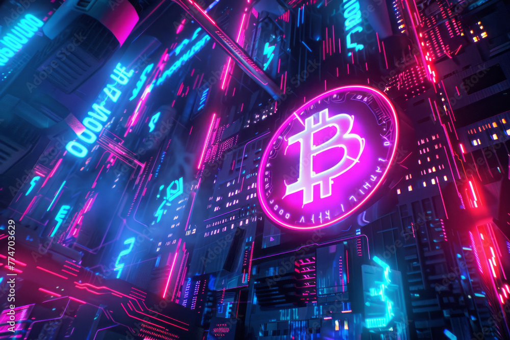 A futuristic neon illustration of a bitcoin halving event, with neon ...