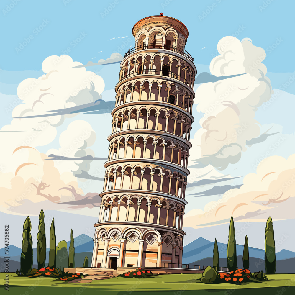 Leaning tower of Pisa hand-drawn comic illustration. Leaning tower of ...