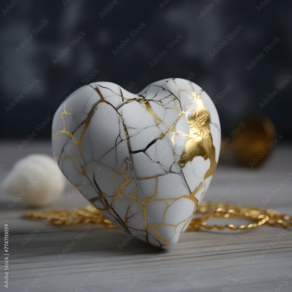 Kintsugi Upcycled white porcelain ceramic heart with golden cracks ...