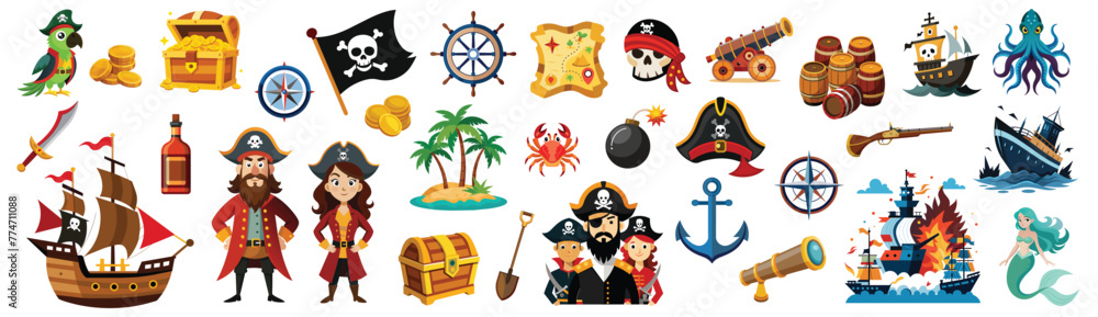 Pirate illustration in cartoon. Cute treasure map, chest with golden ...