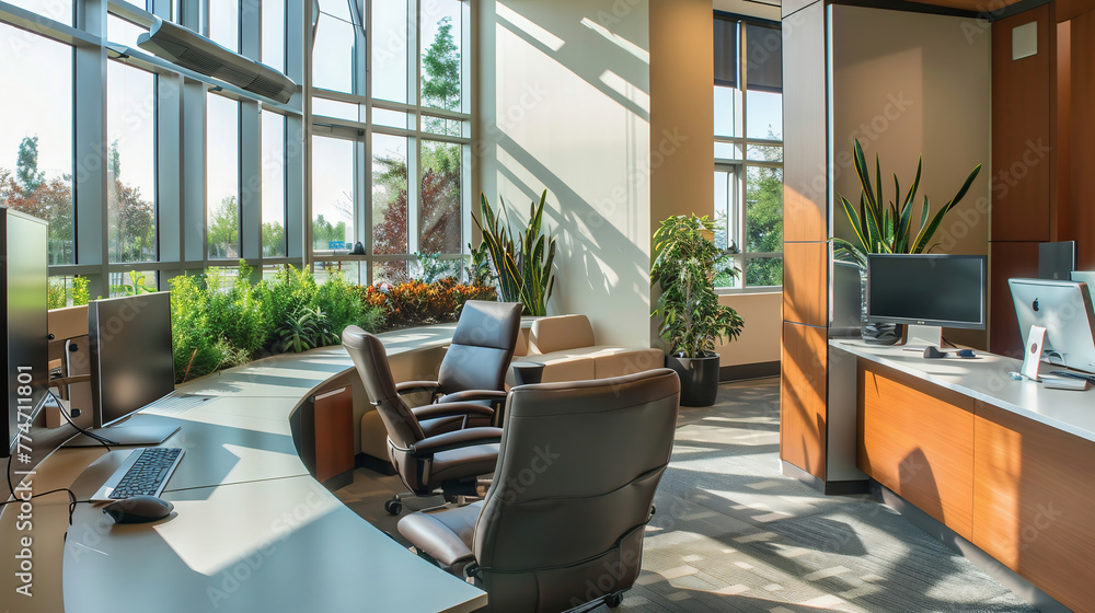 interior of a modern professional office reception area with recessed ...