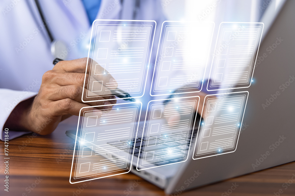 Documents concept, Doctor use computer connection server data base ...