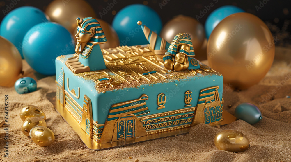 An ancient Egyptian themed birthday cake with gold and turquoise icing ...