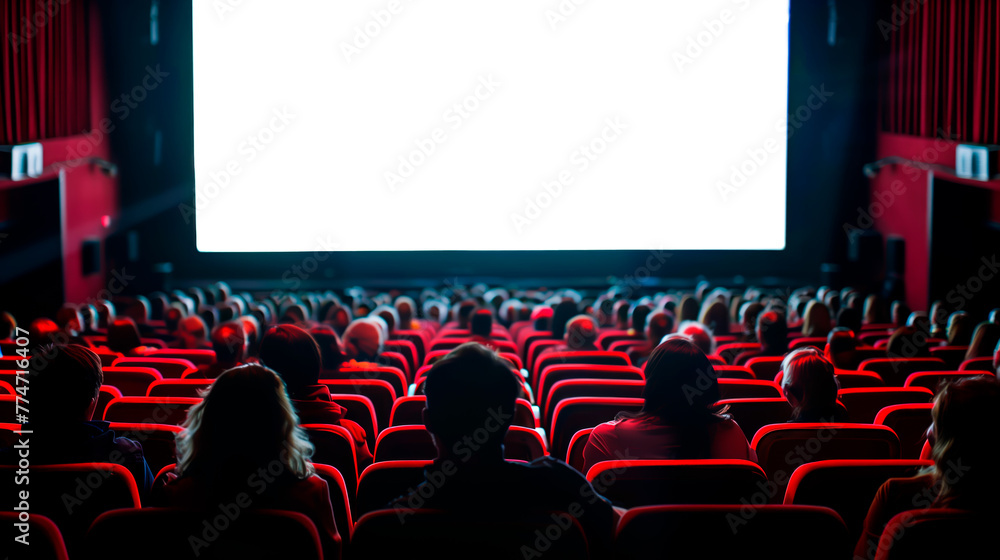 Audience watching a film in a cinema, red seats, screen in focus ...