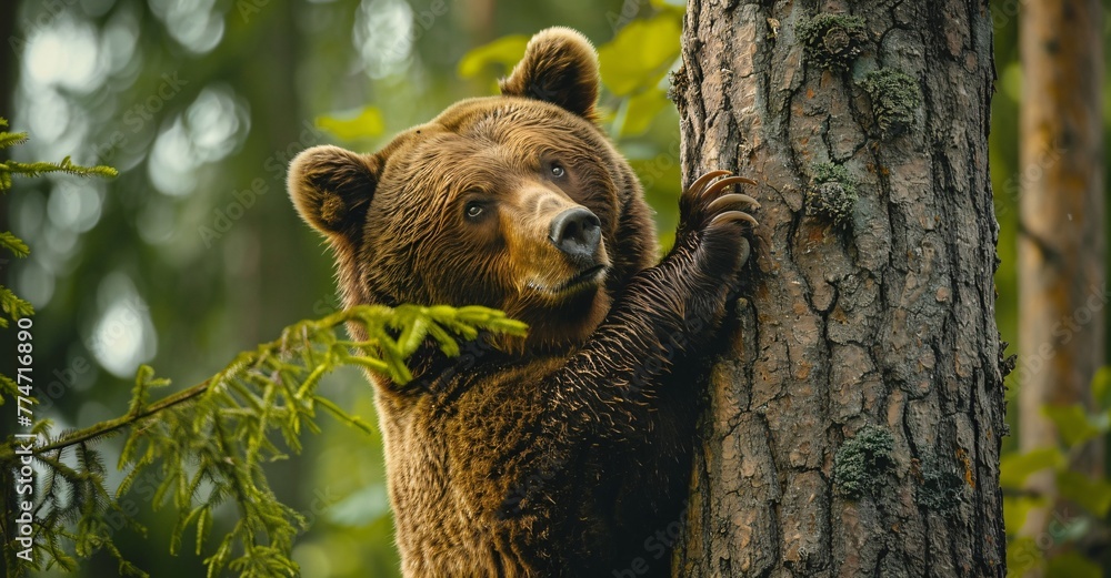 Bear Hug - A brown bear hugging a tree trunk, capturing the essence of ...